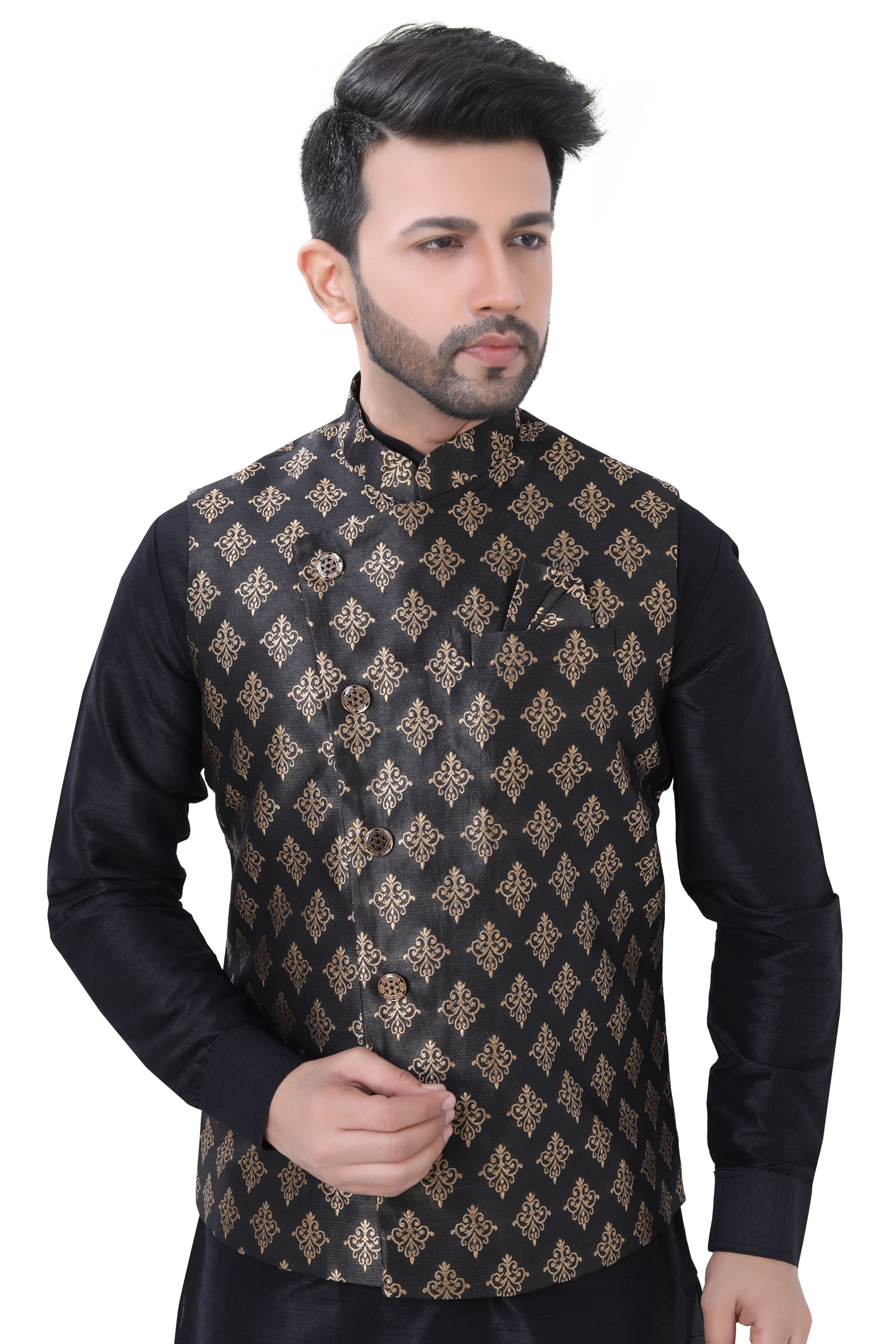 Vest coat in Black with Black Dupion Silk kurta pajama | Best Price in ...