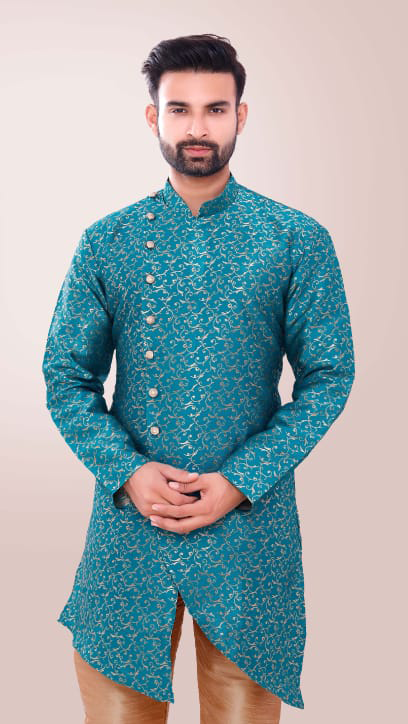 Men's Brocade silk Indo western in Phirozi Color | Best Price in 2024 ...