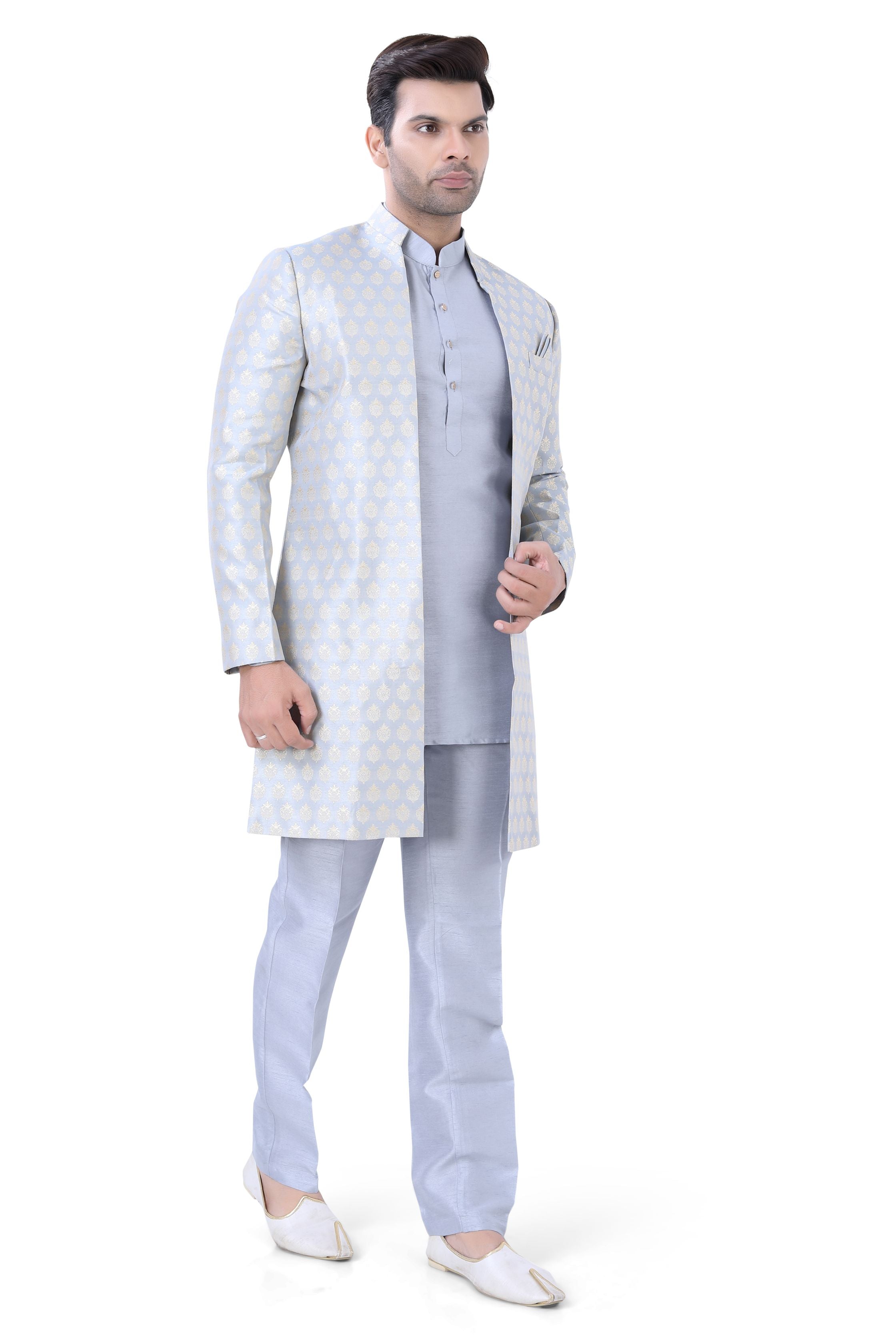 Banarasi Silk Open Long Jodhpuri in Grey – Dapper Ethnic