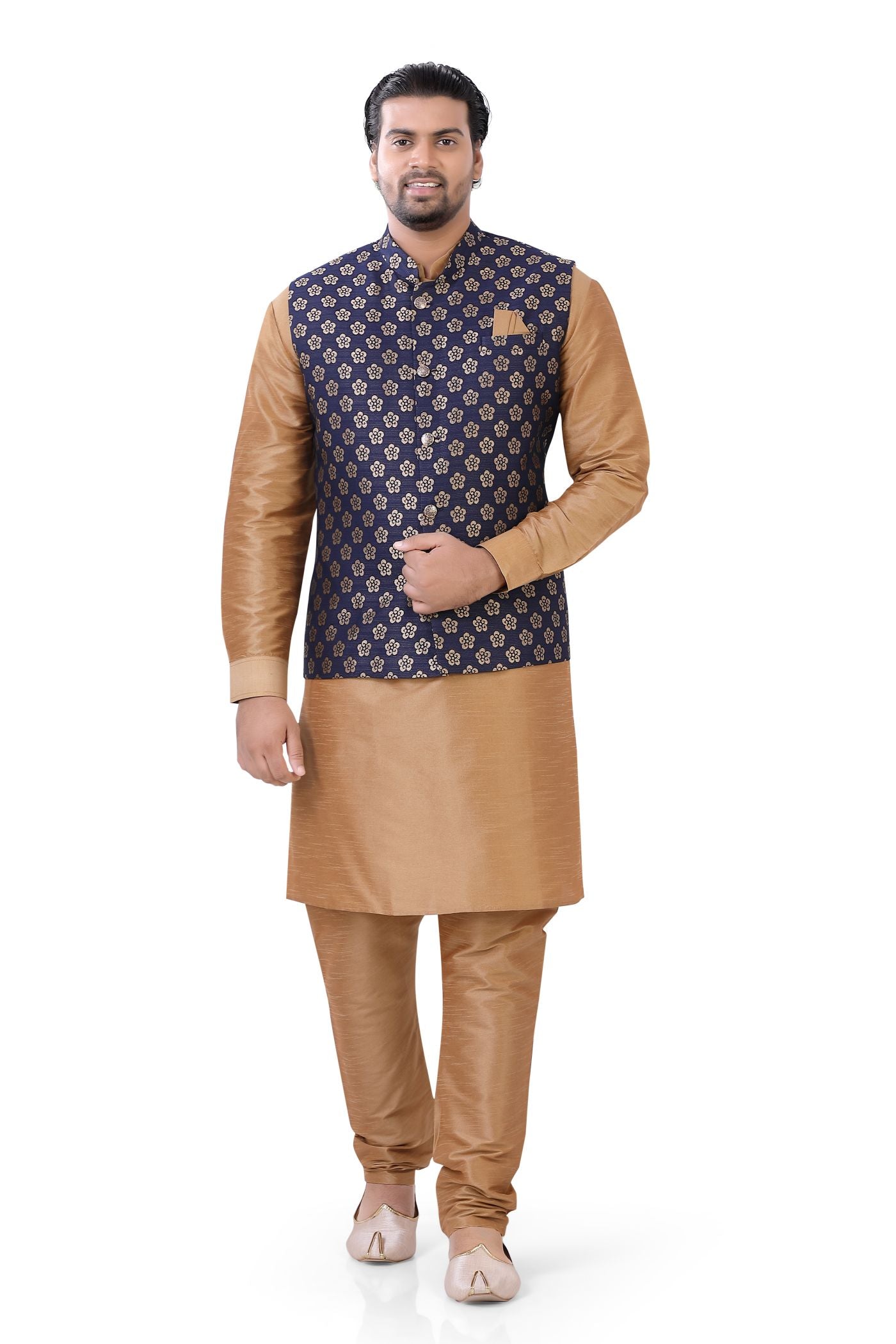 Plus size Vest coat in Navy Blue with Gold Dupion silk Kurta pajama ...